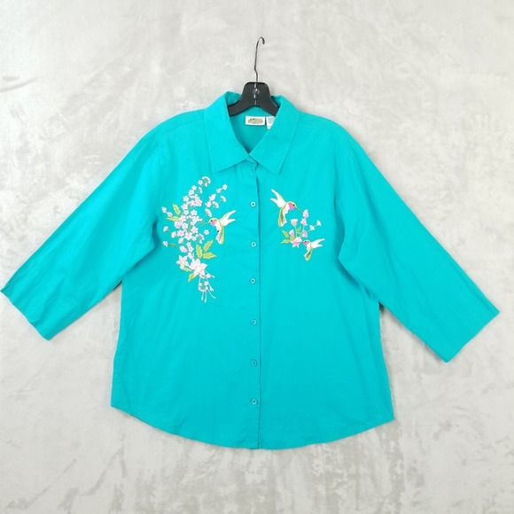 Vintage | Tops | Vintage Blouse Turquoise Embroidered Hummingbird Bird ...
